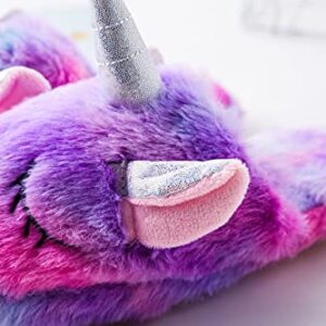 Kids Unicorn Slippers with Rubber Soles for Boys Girls Home Plush Shoes Indoor Anti Slip Cute Warm Purple X24