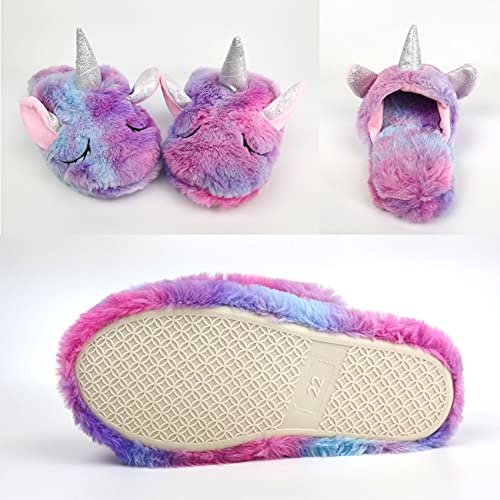 Kids Unicorn Slippers with Rubber Soles for Boys Girls Home Plush Shoes Indoor Anti Slip Cute Warm Purple X24