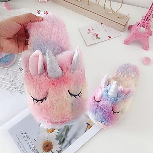 Kids Unicorn Slippers with Rubber Soles for Boys Girls Home Plush Shoes Indoor Anti Slip Cute Warm Purple X24