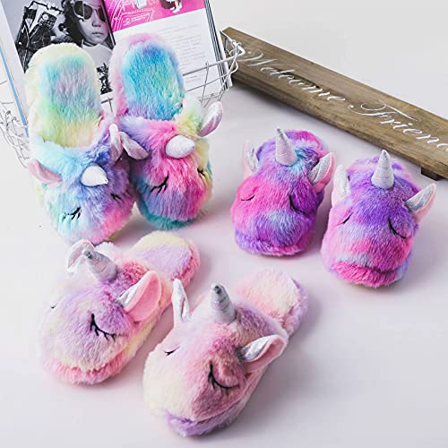 Kids Unicorn Slippers with Rubber Soles for Boys Girls Home Plush Shoes Indoor Anti Slip Cute Warm Purple X24