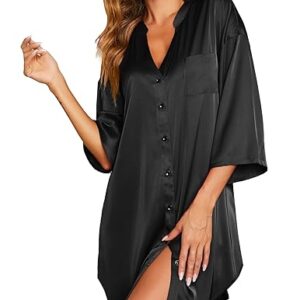 Ekouaer Satin Nightgown for Women Silk Pajamas Button Down Night Shirts Sleepwear Lingerie Nightwear