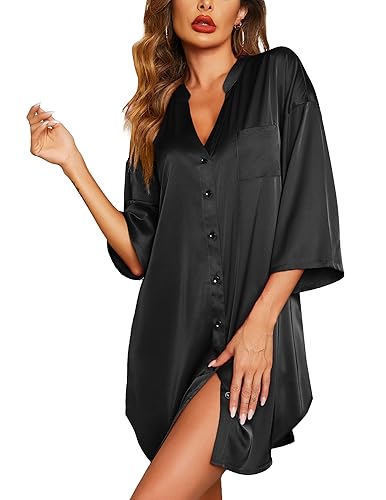 Ekouaer Satin Nightgown for Women Silk Pajamas Button Down Night Shirts Sleepwear Lingerie Nightwear