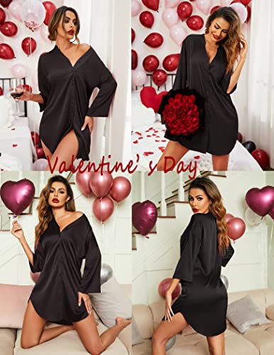 Ekouaer Satin Nightgown for Women Silk Pajamas Button Down Night Shirts Sleepwear Lingerie Nightwear