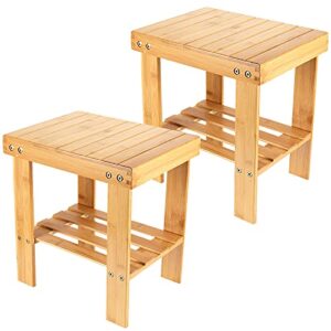 pingeui 2 packs 13 inches bamboo step stool, non-slip bamboo small seat stool, durable bamboo footrest bench with storage shelf for bathroom, bedroom, kitchen