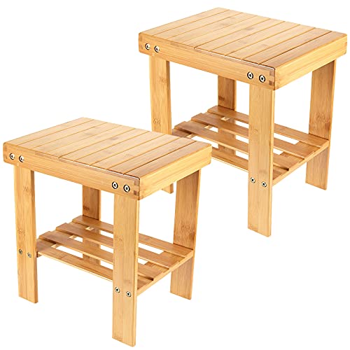 PINGEUI 2 Packs 13 Inches Bamboo Step Stool, Non-Slip Bamboo Small Seat Stool, Durable Bamboo Footrest Bench with Storage Shelf for Bathroom, Bedroom, Kitchen