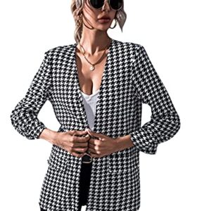 Milumia Women's Elegant Open Front Houndstooth Ruched Sleeve Work Blazer Suit Outerwear Black and White X-Small