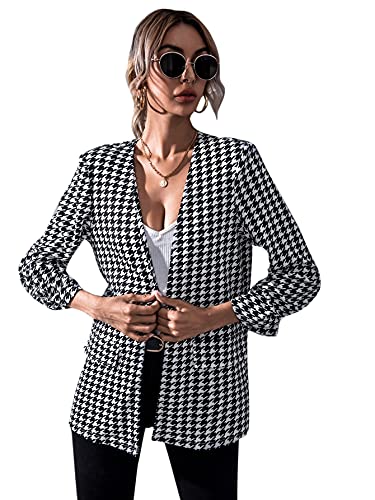 Milumia Women's Elegant Open Front Houndstooth Ruched Sleeve Work Blazer Suit Outerwear Black and White X-Small