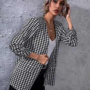 Milumia Women's Elegant Open Front Houndstooth Ruched Sleeve Work Blazer Suit Outerwear Black and White X-Small