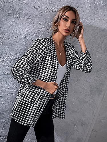 Milumia Women's Elegant Open Front Houndstooth Ruched Sleeve Work Blazer Suit Outerwear Black and White X-Small