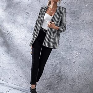 Milumia Women's Elegant Open Front Houndstooth Ruched Sleeve Work Blazer Suit Outerwear Black and White X-Small