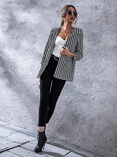 Milumia Women's Elegant Open Front Houndstooth Ruched Sleeve Work Blazer Suit Outerwear Black and White X-Small