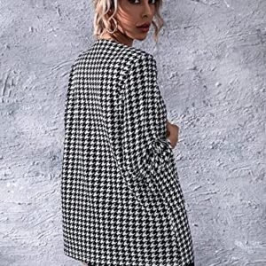 Milumia Women's Elegant Open Front Houndstooth Ruched Sleeve Work Blazer Suit Outerwear Black and White X-Small