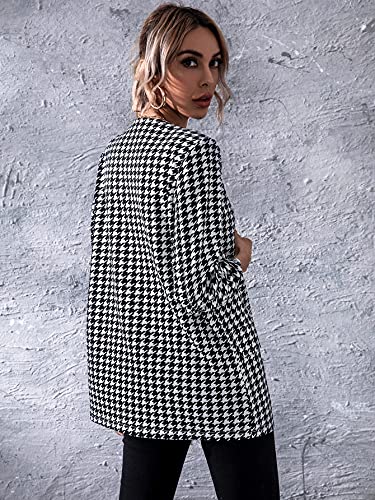 Milumia Women's Elegant Open Front Houndstooth Ruched Sleeve Work Blazer Suit Outerwear Black and White X-Small