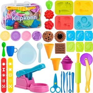 dough tools for kids, 40pcs dough kitchen creations set includes accessories molds scissors rolling pin with storage bag, party pack dough toys for kids toddlers boys girls