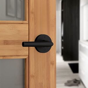 Kwikset Milan Interior Privacy Door Handle with Lock, Door Lever For Bathroom and Bedroom, Matte Black Reversible Keyless Push Button Lock Door Lever