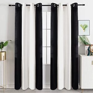 victree color block velvet curtains for bedroom, patchwork blackout curtains 52 x 84 inch length - room darkening sun light blocking grommet window drapes for living room, 2 panels, black and white