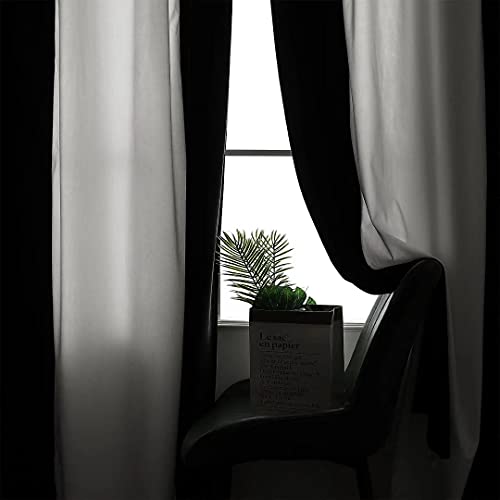 Victree Color Block Velvet Curtains for Bedroom, Patchwork Blackout Curtains 52 x 84 inch Length - Room Darkening Sun Light Blocking Grommet Window Drapes for Living Room, 2 Panels, Black and White