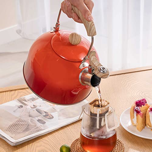 ROCKURWOK Whistling Tea Kettle, 2.5 QT / 80 OZ, Gradient Red Teapot, Universal Base for Induction | Gas | Electric | Halogen | Radiant, Cool Toch Foldable Handle, Vintage