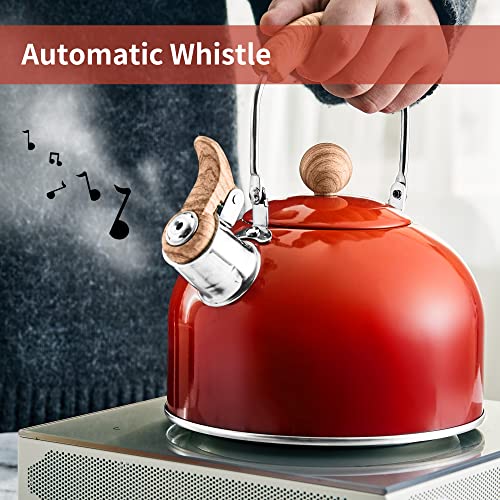 ROCKURWOK Whistling Tea Kettle, 2.5 QT / 80 OZ, Gradient Red Teapot, Universal Base for Induction | Gas | Electric | Halogen | Radiant, Cool Toch Foldable Handle, Vintage