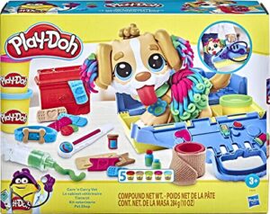 play-doh care 'n carry vet playset for kids 3 years and up with toy dog, storage, 10 tools, and 5 modeling compound colors, non-toxic