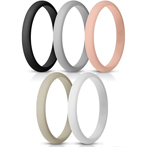 ThunderFit Silicone Womenís Band Rings, Thin Stackable 2.5mm Width - 1.8mm Thick (AW-Pink Sand, AW-Black, AW-White, AW-Fog, AW-Stone - Size 6.5-7 (17.3mm))