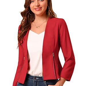 Allegra K Women's Work Office Open Front Zipper Collarless Cropped Blazer Large Red