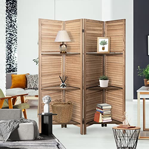 ECOMEX Room Divider 4 Panel, Wood Room Divider Screen,Freestanding Room Dividers and Folding Privacy Screens, Easy Move Partition Room Dividers, Temporary Wall Room Divider with Shelves (Brown)