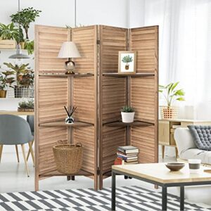 ECOMEX Room Divider 4 Panel, Wood Room Divider Screen,Freestanding Room Dividers and Folding Privacy Screens, Easy Move Partition Room Dividers, Temporary Wall Room Divider with Shelves (Brown)