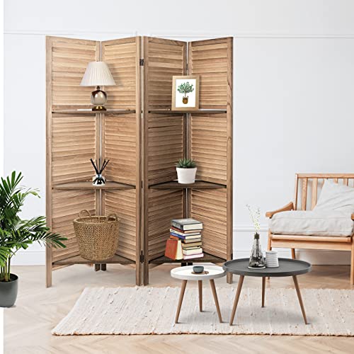 ECOMEX Room Divider 4 Panel, Wood Room Divider Screen,Freestanding Room Dividers and Folding Privacy Screens, Easy Move Partition Room Dividers, Temporary Wall Room Divider with Shelves (Brown)