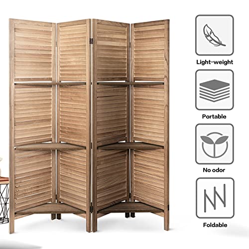 ECOMEX Room Divider 4 Panel, Wood Room Divider Screen,Freestanding Room Dividers and Folding Privacy Screens, Easy Move Partition Room Dividers, Temporary Wall Room Divider with Shelves (Brown)