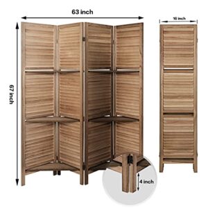 ECOMEX Room Divider 4 Panel, Wood Room Divider Screen,Freestanding Room Dividers and Folding Privacy Screens, Easy Move Partition Room Dividers, Temporary Wall Room Divider with Shelves (Brown)