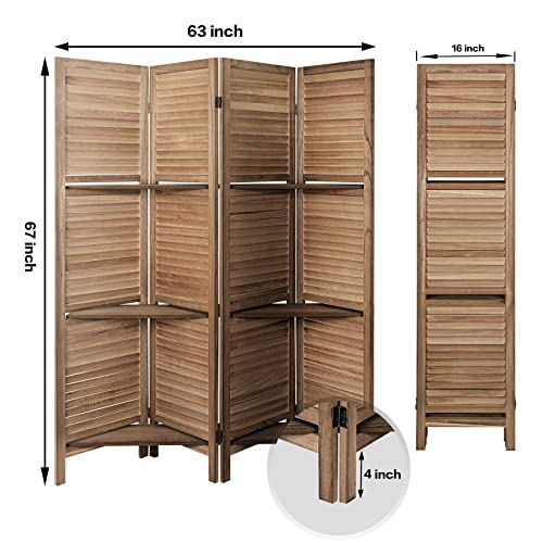 ECOMEX Room Divider 4 Panel, Wood Room Divider Screen,Freestanding Room Dividers and Folding Privacy Screens, Easy Move Partition Room Dividers, Temporary Wall Room Divider with Shelves (Brown)