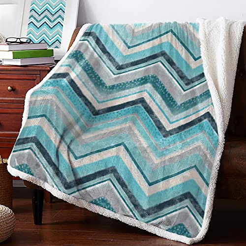 Big buy store Sherpa Flannel Throw Blankets Zig Zag Chevron Wave Stripe Luxury Plush Thick Blanket Reversible Soft Warm Bed Blanket for Couch Sofa Turquoise Nordic Style 40 x 50 inch