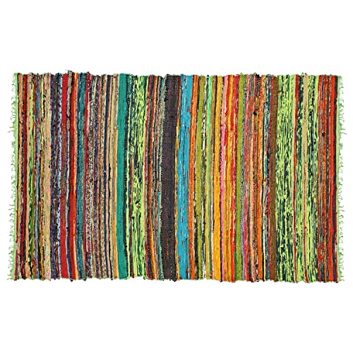 India Artistic Multi Color Chindi Rag Rug 4X6' | Hand Woven Rug & Reversible Rug | Recycled Cotton Chindi Rug for Living Room Kitchen | Rustic Rug | Cotton Rug | Runner Rugs (Green Colour)