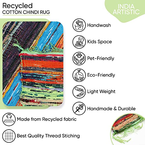 India Artistic Multi Color Chindi Rag Rug 4X6' | Hand Woven Rug & Reversible Rug | Recycled Cotton Chindi Rug for Living Room Kitchen | Rustic Rug | Cotton Rug | Runner Rugs (Green Colour)