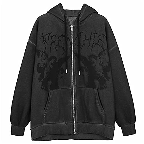 Women's Oversized Y2K Sweatshirt Long Sleeve Zipper Punk Goth Printed Hoodie Aesthetic Drawstring Jacket (Black, XXL)