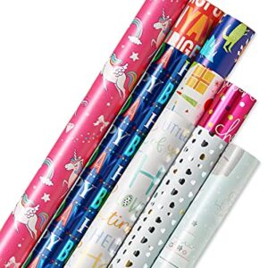 American Greetings Reversible Birthday and All Occasion Wrapping Paper for Kids, Unicorns and Dinosaurs (9 Rolls, 120 sq. ft.)