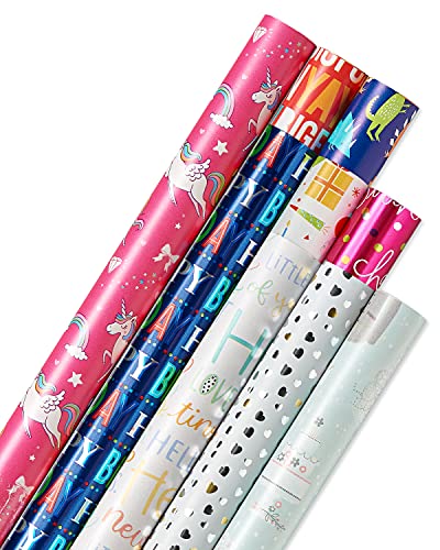 American Greetings Reversible Birthday and All Occasion Wrapping Paper for Kids, Unicorns and Dinosaurs (9 Rolls, 120 sq. ft.)