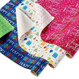 American Greetings Reversible Birthday and All Occasion Wrapping Paper for Kids, Unicorns and Dinosaurs (9 Rolls, 120 sq. ft.)