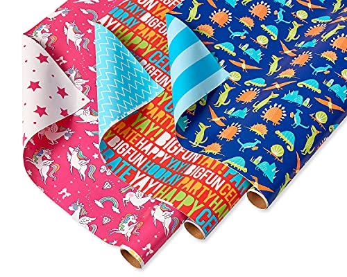 American Greetings Reversible Birthday and All Occasion Wrapping Paper for Kids, Unicorns and Dinosaurs (9 Rolls, 120 sq. ft.)