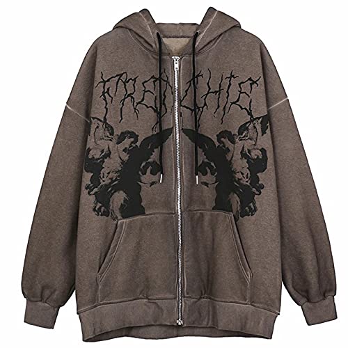 Yuemengxuan Women Man Goth Hoodie Sweatshirts Y2k Aesthetic Zip Up Jacket 90s Long Sleeve Graphic Coat Couple Top Streetwear (Coffee, 3XL)