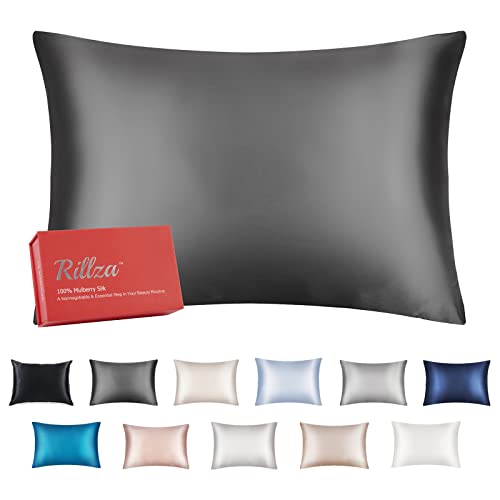 Rillza 100% Pure Mulberry Silk Pillowcase for Hair and Skin, Hidden Zipper (Dark Grey, King 20''x36'', 1 PC), Anti Acne Wrinkle, Soft Smooth, Premium Gift Box, Grade 6A Silk Pillow Case