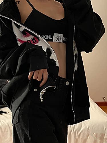 Women's Y2K Vintage Graphic Zip Up Hoodie Oversized Casual Drawstring Hoodie E-Girl 90s Streetwear Jacket Tracksuit(C-black,L)