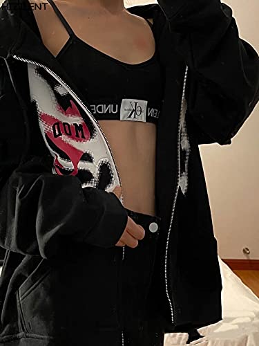 Women's Y2K Vintage Graphic Zip Up Hoodie Oversized Casual Drawstring Hoodie E-Girl 90s Streetwear Jacket Tracksuit(C-black,L)