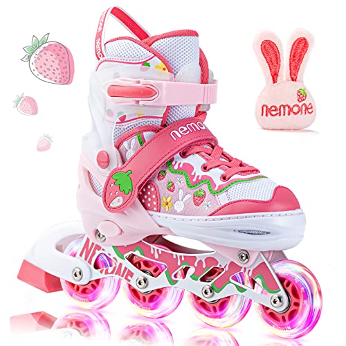 NEMONE Bunny Strawberry 4 Size Adjustable Inline Skates for Girls with 8 Light up Wheels, Pink Blades Roller for Kids, Indoor Beginner Inliner Outdoor, Small(10C-13C US)