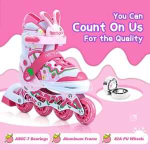 NEMONE Bunny Strawberry 4 Size Adjustable Inline Skates for Girls with 8 Light up Wheels, Pink Blades Roller for Kids, Indoor Beginner Inliner Outdoor, Small(10C-13C US)