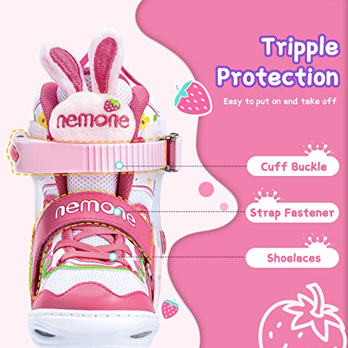 NEMONE Bunny Strawberry 4 Size Adjustable Inline Skates for Girls with 8 Light up Wheels, Pink Blades Roller for Kids, Indoor Beginner Inliner Outdoor, Small(10C-13C US)