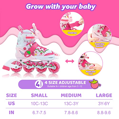 NEMONE Bunny Strawberry 4 Size Adjustable Inline Skates for Girls with 8 Light up Wheels, Pink Blades Roller for Kids, Indoor Beginner Inliner Outdoor, Small(10C-13C US)