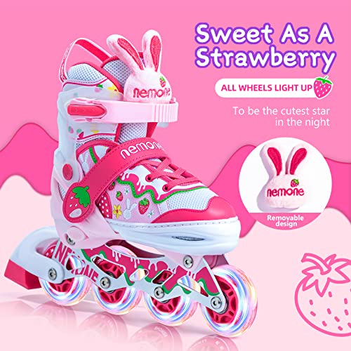 NEMONE Bunny Strawberry 4 Size Adjustable Inline Skates for Girls with 8 Light up Wheels, Pink Blades Roller for Kids, Indoor Beginner Inliner Outdoor, Small(10C-13C US)