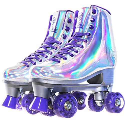 JajaHoho Roller Skates for Women, Holographic Silver High Top PU Leather Rollerskates, Shiny Double-Row Purple Four Wheels Quad Skates for Girls and Age 8-50 Indoor Outdoor, Size 6